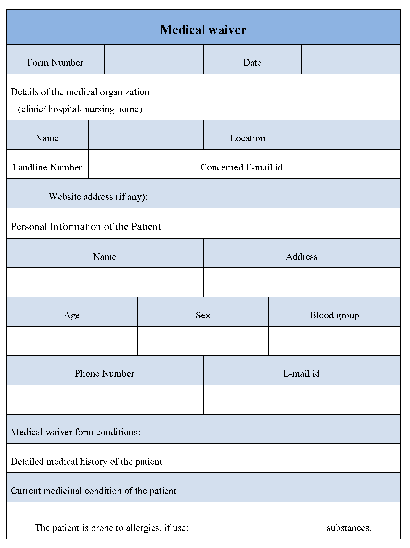 Medical Waiver Form Editable Forms