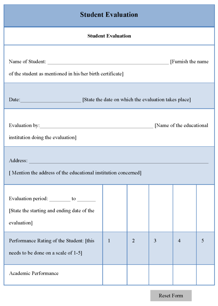 Student Evaluation Template Editable PDF Forms