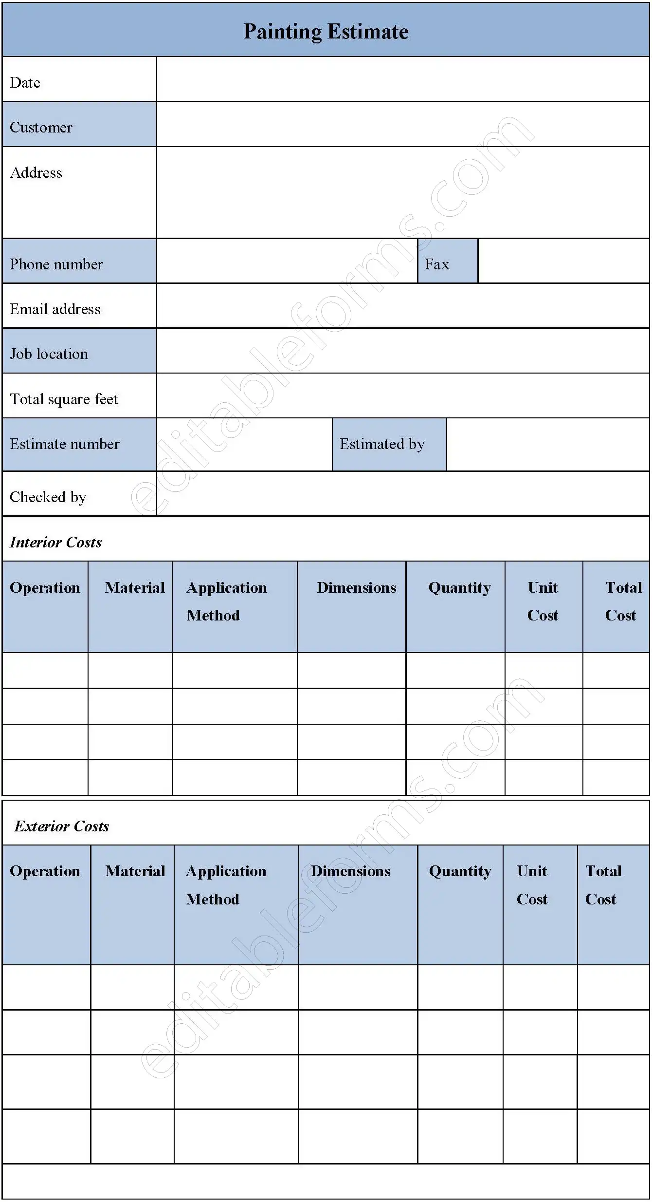 Painting Estimate Fillable PDF Form