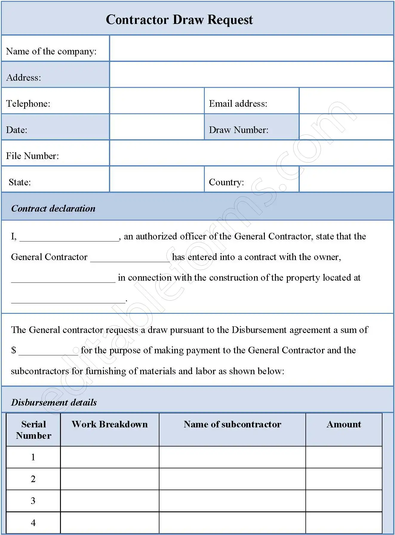 Contractor Draw Request Fillable PDF Form