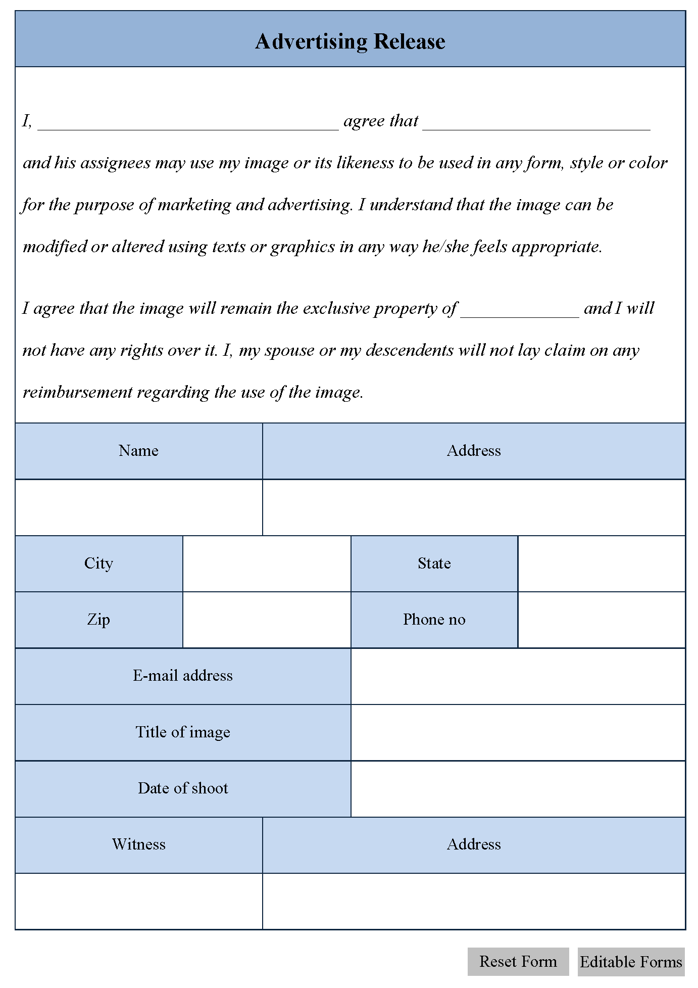 Advertising Release Form | Editable PDF Forms