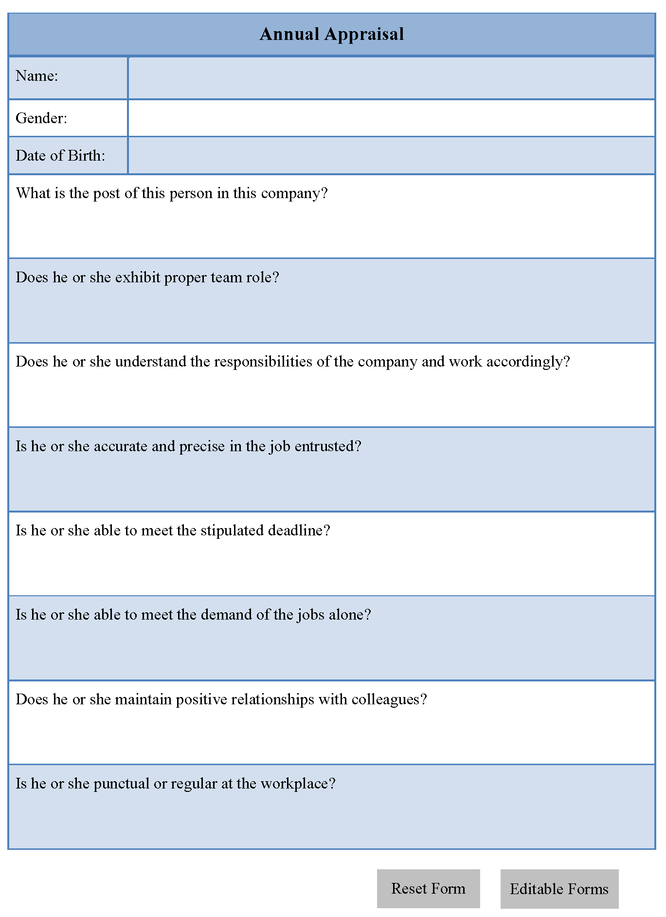 Annual Appraisal Form | Editable PDF Forms