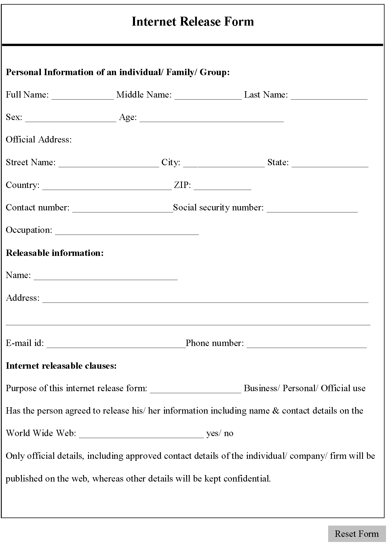 Internet Release Form | Editable PDF Forms