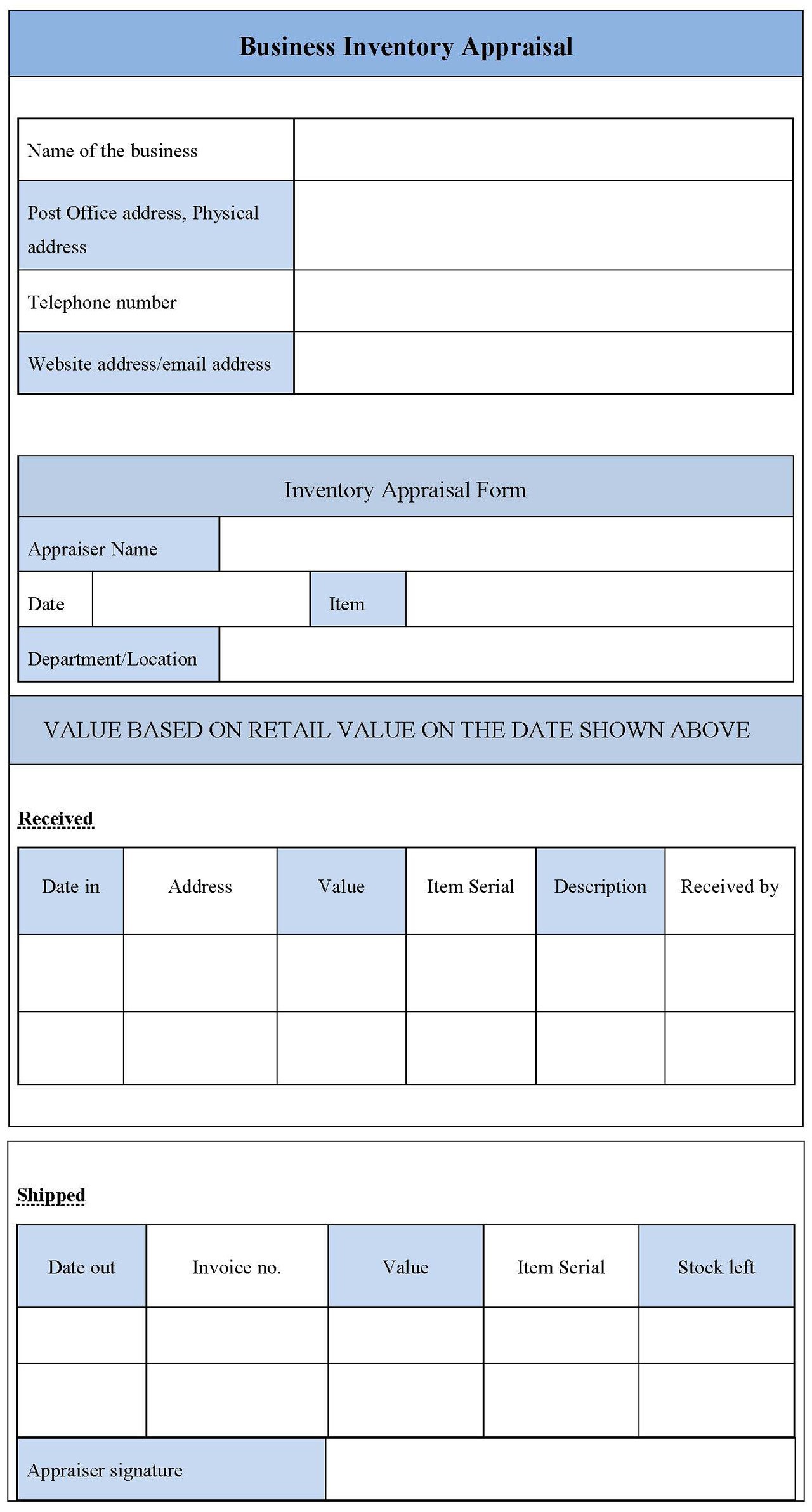 Business Inventory Appraisal Form | Editable PDF Forms