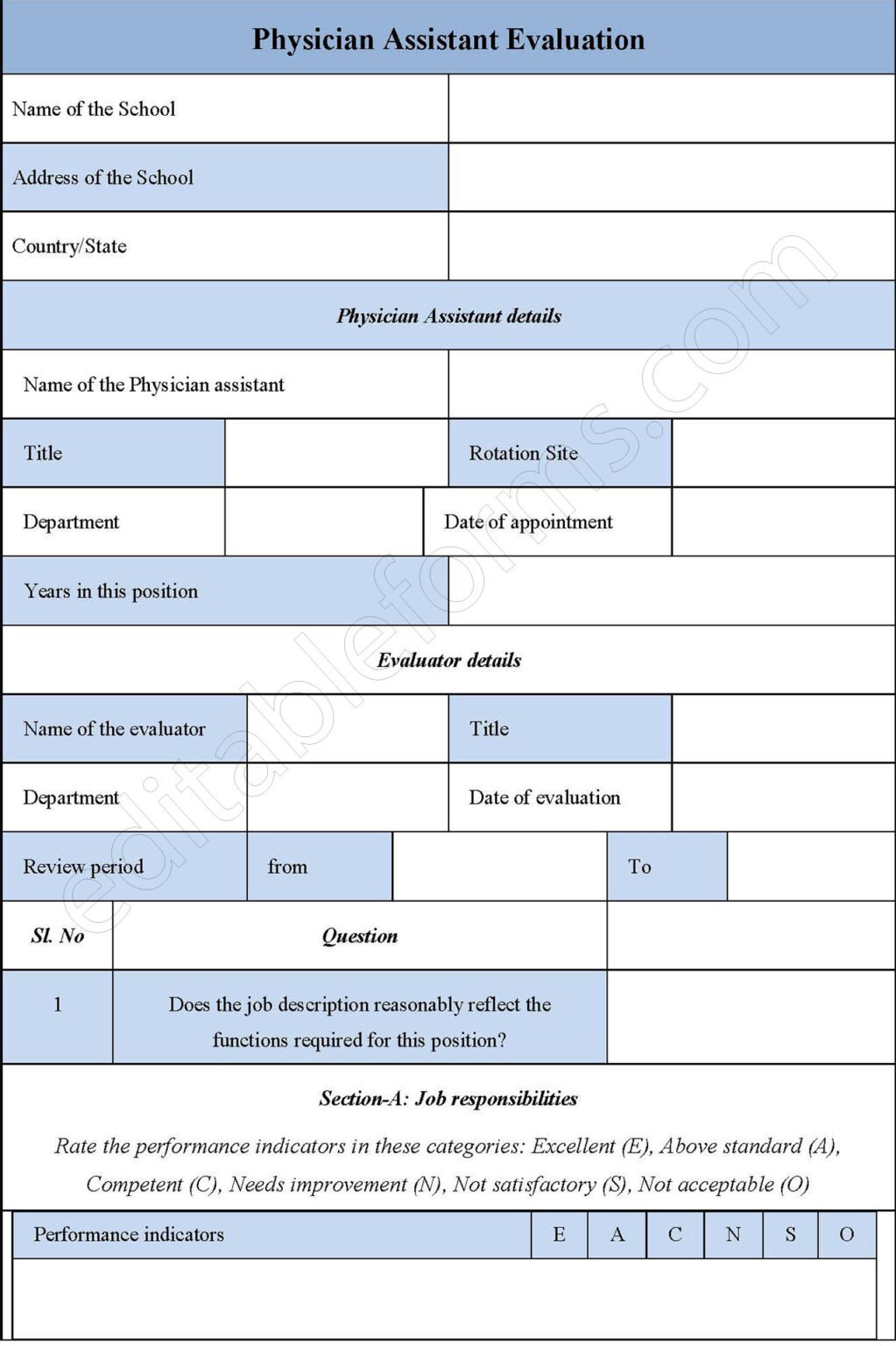 Physician Assistant Evaluation Fillable PDF Form | Editable PDF Forms
