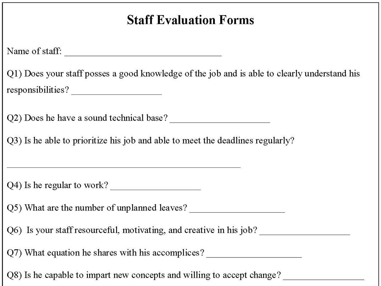 Staff Evaluation Form | Editable PDF Forms