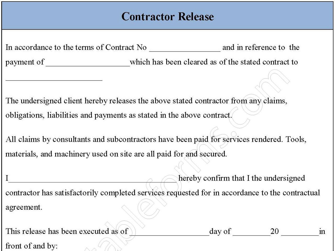 Contractor Release Form | Editable PDF Forms