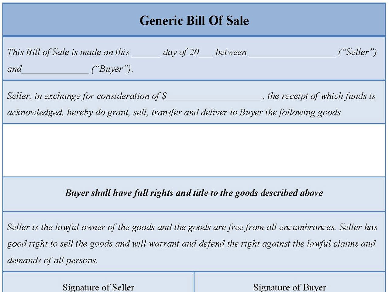 Generic Bill Of Sale Form | Editable PDF Forms