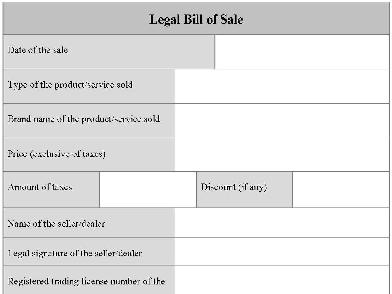 Legal Bill of Sale Form | Editable PDF Forms