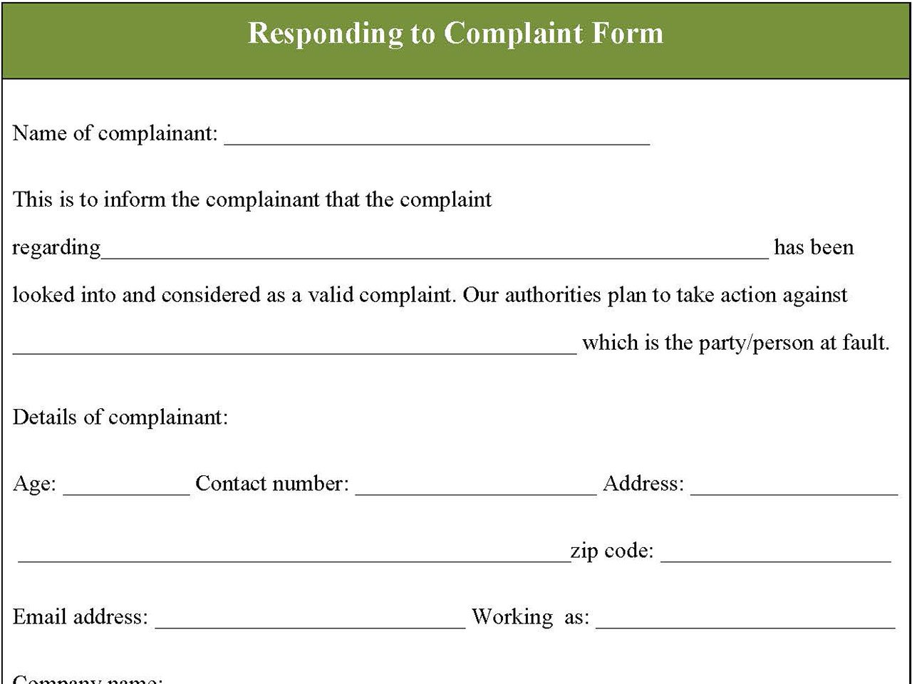 Responding to Complaint Form | Editable PDF Forms