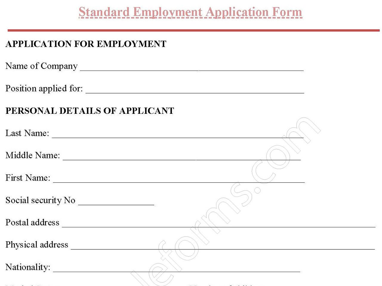 Standard Employment Application Form | Editable PDF Forms Standard Employment Application Form | Editable PDF Forms