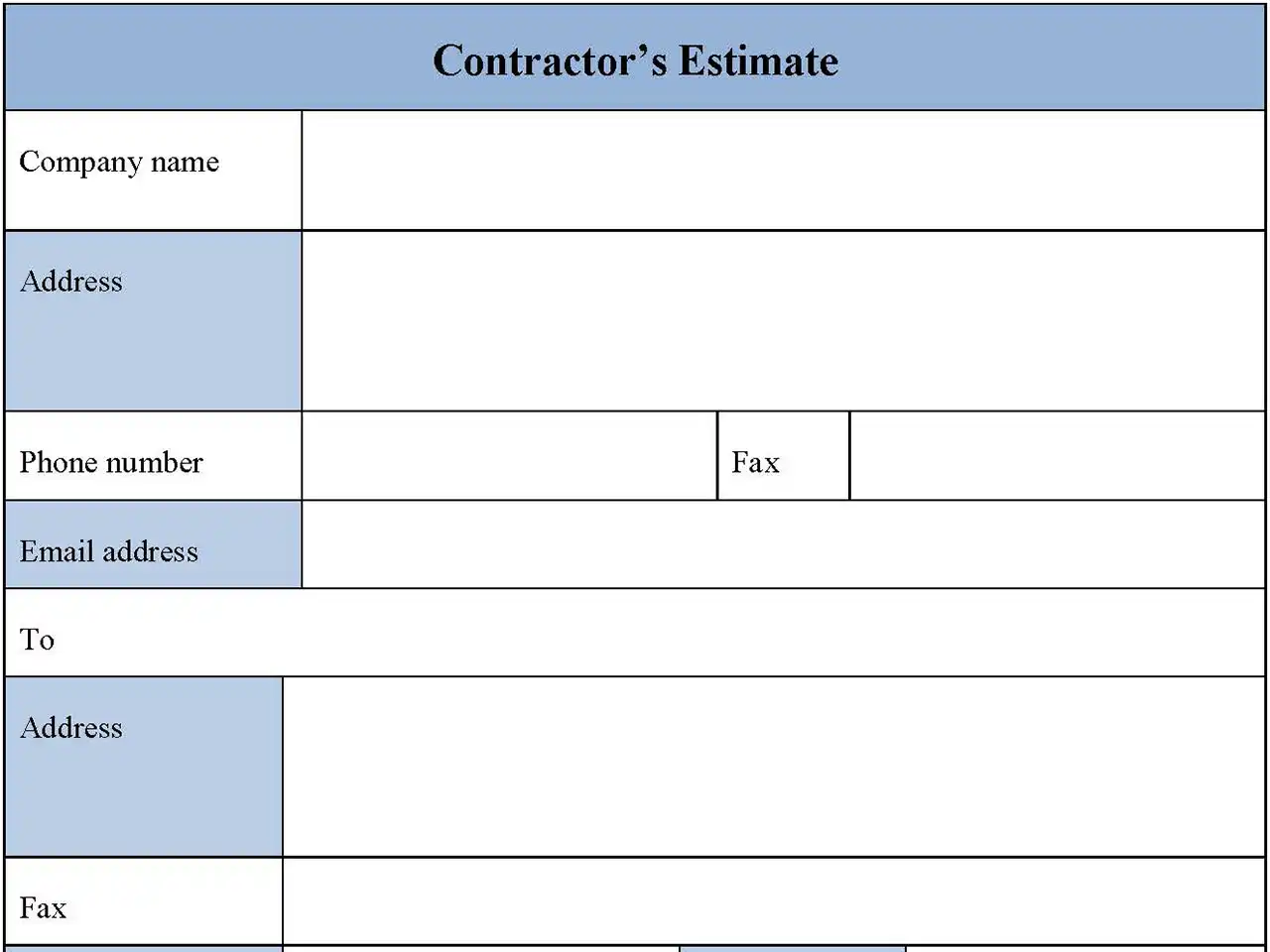 Contractor’s Estimate Form | Editable PDF Forms