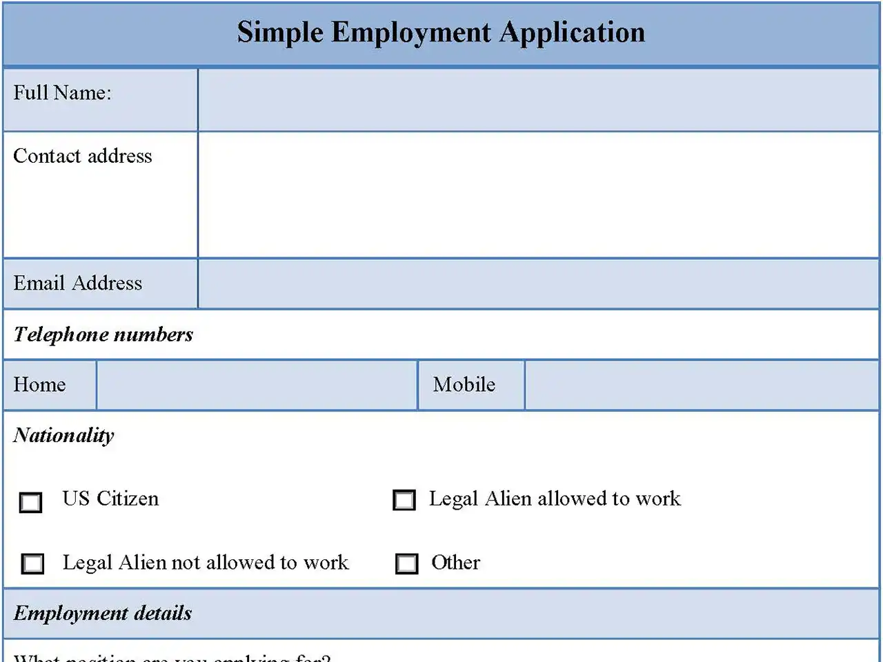 Simple Employment Application Format | Editable PDF Forms