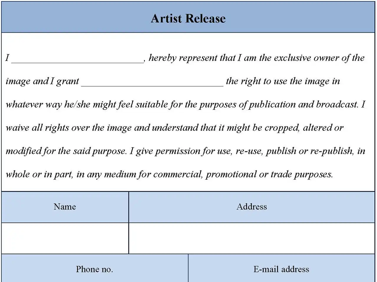 Artist Release Fillable PDF Form