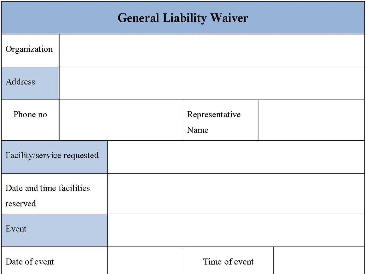General Liability Waiver Fillable PDF Form