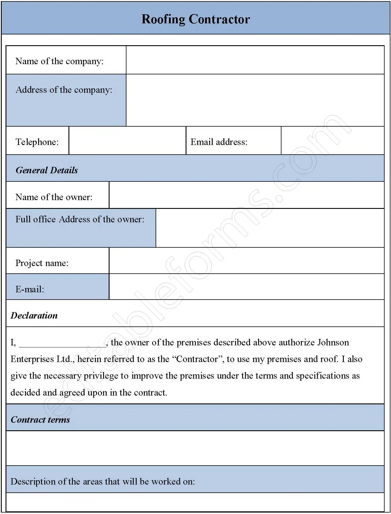 Roofing Contractor Fillable PDF Form