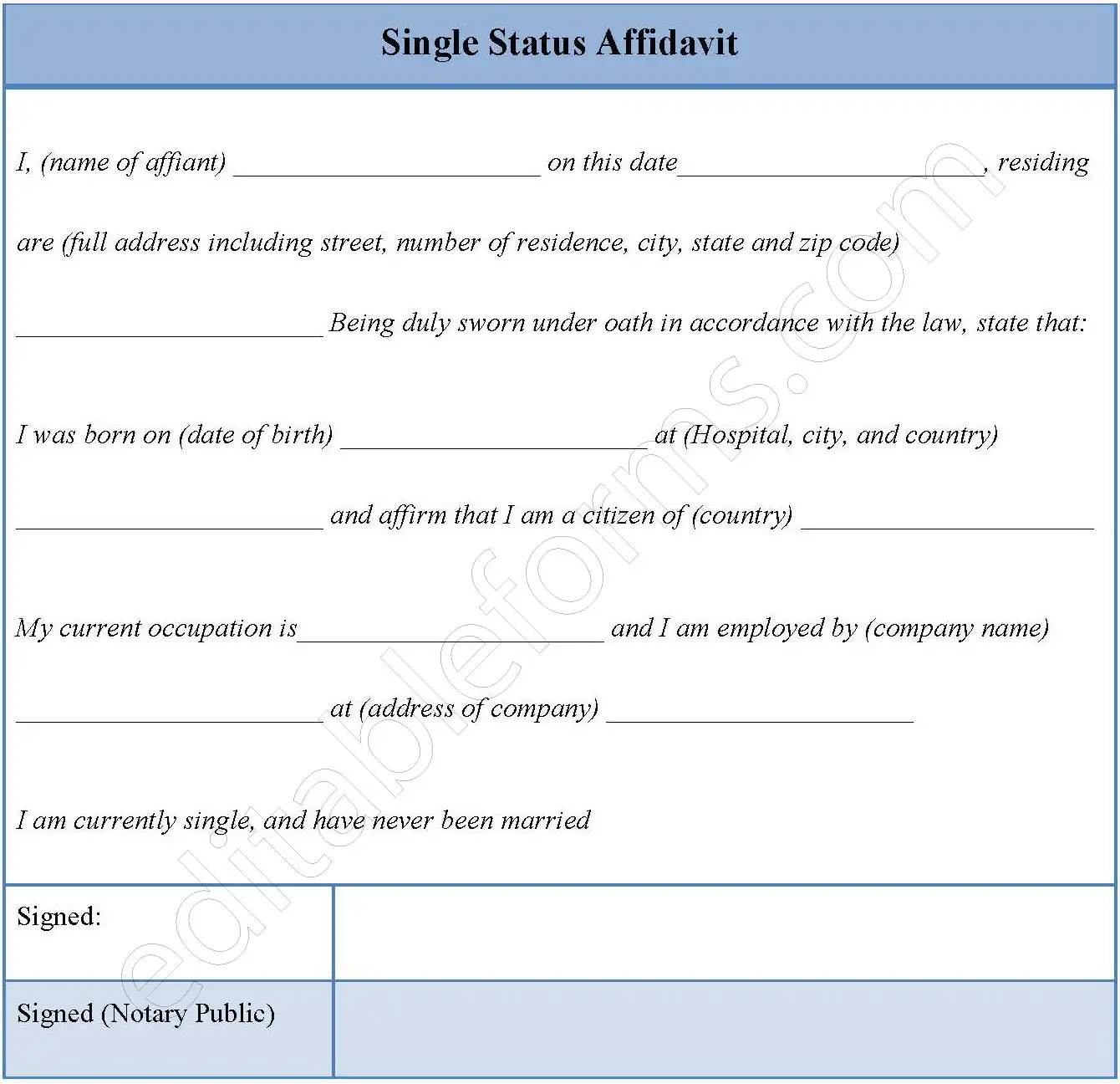 Single Status Affidavit Fillable PDF Form