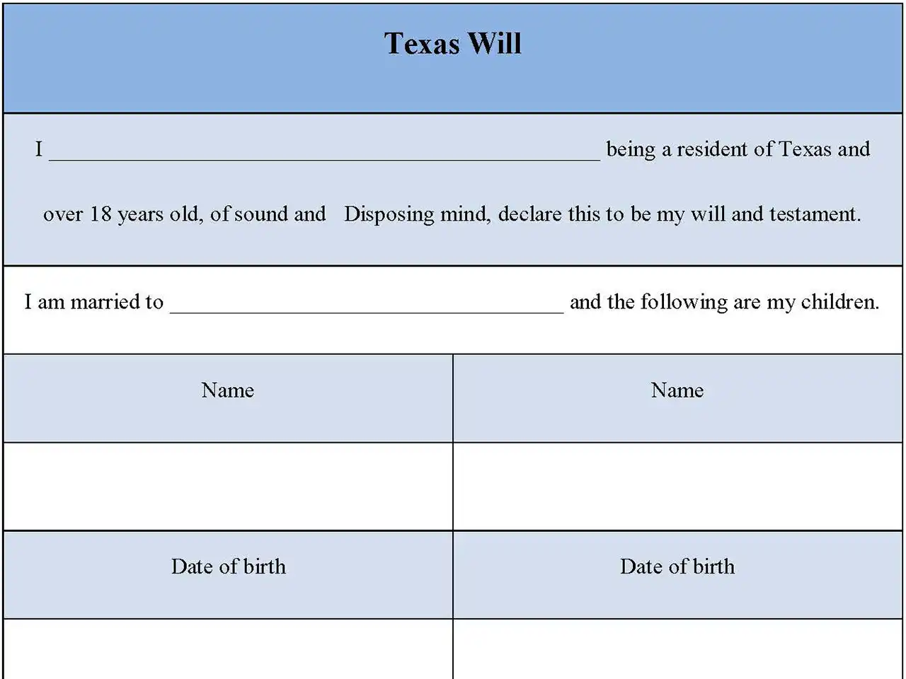 Texas Will Fillable PDF Form