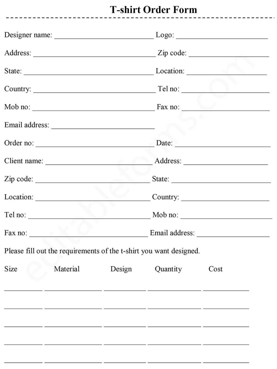Fillable T-Shirt Order Form PDF | Editable PDF Forms